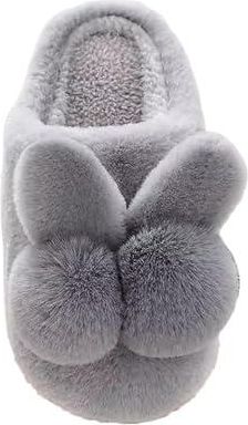 Generic Chaussons Femme Lapin Mignon en Fourrure Artificielle Chausson Maison Confortables Int&eacute;rieur Ext&eacute;rieur avec Design de Pom-Pom Flou,Gris,36 EU