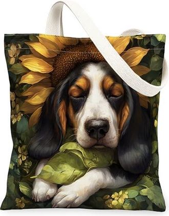 Generic Sac fourre-tout en toile r&eacute;utilisable pour le shopping, 33 x 38 cm, motif chien basset de tournesol, sac d&eacute;picerie r&eacute;utilisable pour femme, motif plan