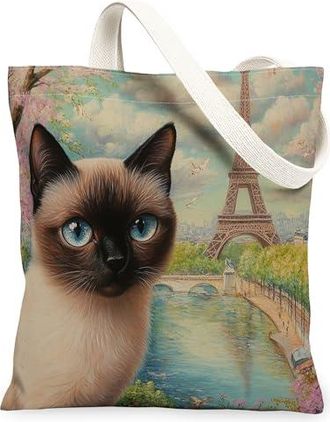 Generic Sac fourre-tout en toile motif chats siamois printaniers 33 x 38 cm, tour romantique, sac d&eacute;picerie r&eacute;utilisable pour femme, animal domestique, voyage