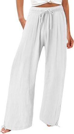 Generic Pantalon en coton et lin pour femme - Jambe large - Pantalon de plage d&eacute;t&eacute; confortable - Pantalon de yoga Palazzo - XIYU26078, blanc, XXL