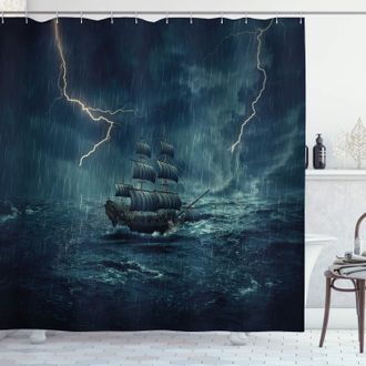 Abakuhaus Schiff Duschvorhang, Pirate Vintage Schiffs, Stoffliches Gewebe Badezimmerdekorationsset mit Haken, 175 x 180 cm, Dunkelblau Weiß