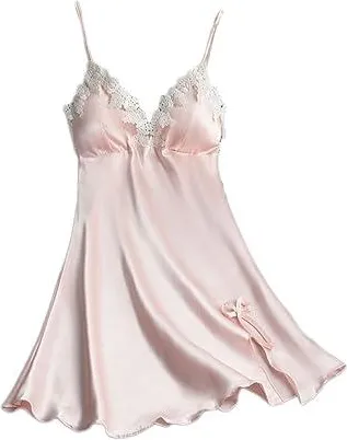 Onsoyours Nuisette Femme Satin Chemise de Nuit Courte Bretelles Réglables Sexy Dentelle Robe de Nuit Lingerie Couleur Unie Mini Robe A Rose L