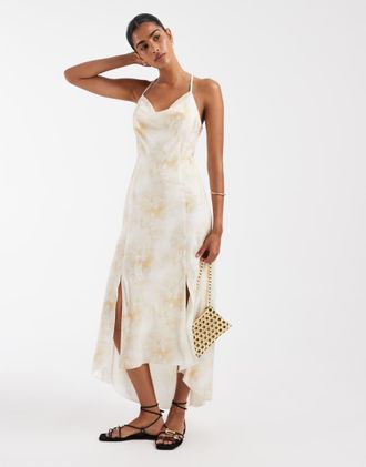 Kiss The Sky Retro Botanica - Maxikleid aus bedrucktem Jacquard-Satin in Butter Lemon-Gelb