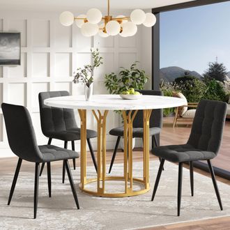 Generic Modernes Tisch mit 4 St&uuml;hlen Set - 5-teiliges Esszimmerm&ouml;bel mit rundem Esstisch in Marmoroptik, stabilem Metallgestell, Leinenst&uuml;hlen, platzsparend &