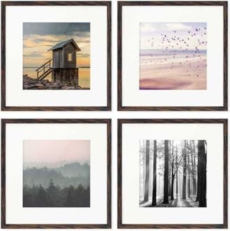 Photolini Cadre 30 x 30 bois MDF ch&ecirc;ne fonc&eacute;, lot de 4 cadres photo avec passe-partout pour posters et affiches, verre acrylique incassable, &agrave; suspendre, access