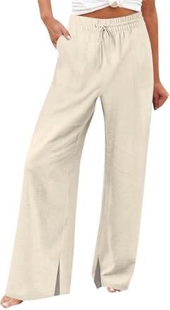 Generic Pantalon d&eacute;t&eacute; en lin pour femme - Long - L&eacute;ger et a&eacute;r&eacute; - Pantalon en lin &eacute;lastique - Taille haute - Pantalon de loisirs - Couleur unie - Confortable -