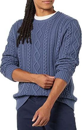 Amazon Essentials Pull Ras-du-Cou Torsadé, Type Côtes Anglaises, à Manches Longues, 100% Coton Homme, Bleu Foncé, XS