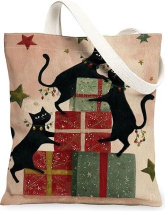 Generic Sacs fourre-tout en toile motif chat de No&euml;l, motif f&eacute;lin noir, sacs d&eacute;picerie r&eacute;utilisables, vintage, l&eacute;gers, lavables, noir, 13x15 Inch
