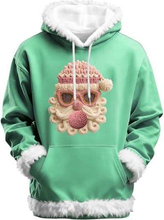 Generic Sweat à capuche de Noël moche pour homme et femme avec imprimé Père Noël et bordure blanche - Pull à capuche avec poches et col en peluche, Sweat à ca