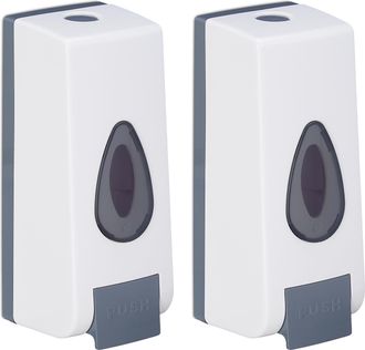 Relaxdays Wandseifenspender, 2er Set nachfüllbar, 350 ml, Wandmontage, manuell, Seifenspender HBT: 19x8x8 cm, weiß/grau