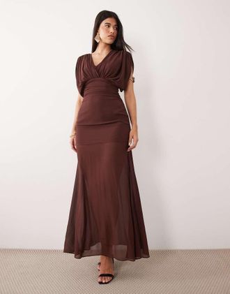 Tfnc robe longue en mousseline &agrave; taille fronc&eacute;e, transparente, &agrave; ourlet asym&eacute;trique, couleur chocolat-Marron