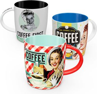 Nostalgic Art Retro Kaffee-Becher (3er-Set), 330 ml, Coffee Set 1 - Geschenk-Idee für Kaffee-Fans, Keramik-Tasse, Vintage Design
