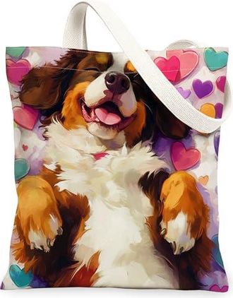 Generic Sac fourre-tout en toile motif chien St. Bernard pour le shopping 33 x 38 cm, sac &agrave; bandouli&egrave;re r&eacute;utilisable pour la Saint-Valentin, sac d&eacute;picerie pou