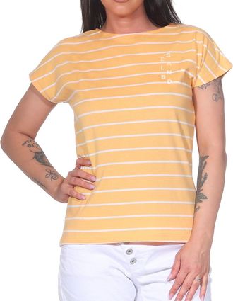 Elbsand Damen T-Shirt ESWSelma Kurzarmshirt mit Streifen 70691 00 Orange Haze + Bright White Stripe (087) XXL