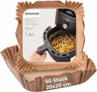 Fackelmann 42685 Moule en papier pour air fryer, Moule pour friteuse &agrave; air chaud, Moule pour friteuse sans huile, papier air fryer, 50 pi&egrave;ces, carr&eacute;, Papier, 20 