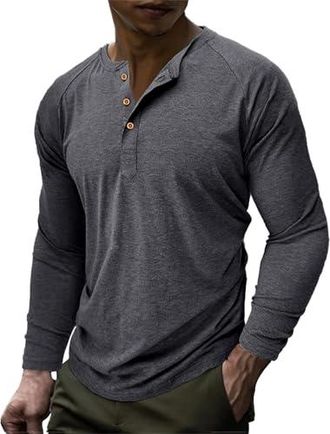 Generic Henley Chemise &agrave; manches longues d&eacute;contract&eacute;e unie avec col en V et boutons pour homme - T-shirt l&eacute;ger et respirant pour printemps et automne - Hauts 