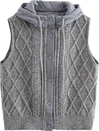 Generic Gilet matelass&eacute; &agrave; capuche en tricot l&eacute;ger sans manches pour femme, gris, S