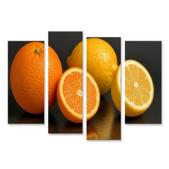 Islandburner Wandbild auf Leinwand Zitrusfr&uuml;chte - Frische Orangen und Zitronen auf dunklem Hintergrund - 4-teilig