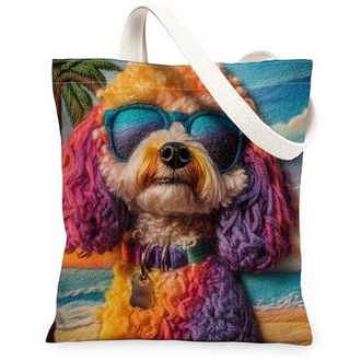 Generic Sac fourre-tout en toile motif caniche d&eacute;t&eacute; pour faire du shopping, 33 x 38,1 cm, sac d&eacute;picerie r&eacute;utilisable pour femme, peinture esth&eacute;tique, d&eacute;corati