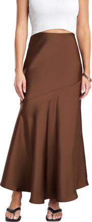 Feoya Damen Satin Seidiger Maxirock Hohe Taille Eleganter Party Rock A Line Ausgestellte Lange Röcke 03 Braun XL