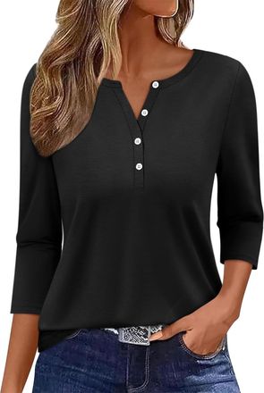 Onsoyours Shirt Damen 3/4 Arm Tshirt V-Ausschnitt Knopfleiste Pullover Sommer Herbst Oberteile Einfarbig Tops Basic Shirt A Schwarz XXL