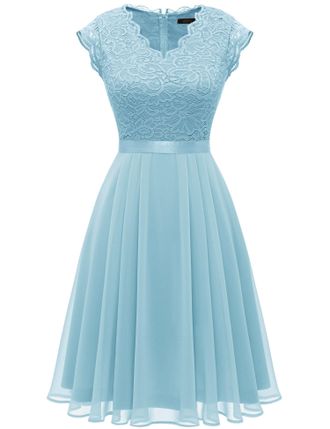 Dressystar Spitzen Cocktailkeid Elegant f&uuml;r Hochzeit Knielang Festlich Abendkleider Kurz AUP2050 Blue 2XL