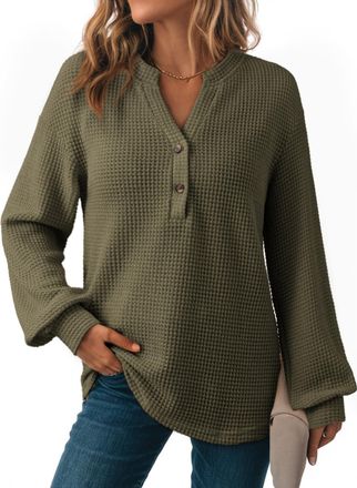 Dokotoo Bluse Damen Langarm Waffel V-Ausschnitt Oberteile Herbst Pullover Sweatshirt Langarmshirt Tops L&auml;ssig Blusen Tuniken Einfarbig T-Shirts Oberteil Gr&uuml;n 