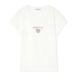 Motivi T-Shirt mit Schriftzug und Herz aus Strasssteinen - - Tops - Damen - Wei&szlig; - XS