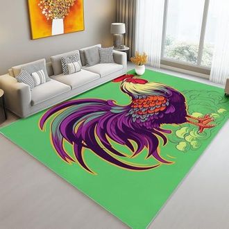 Generic Tapis Imprim&eacute; Coq dessin&eacute; &agrave; la Main Fond Vert pour Salon Chambre D&eacute;coration de la Maison - Vert Flanelle Antid&eacute;rapante Tapis Salon de Sol paillasson 1