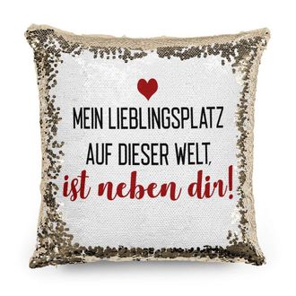 Tassendruck Pailletten-Kissen mit Spruch Mein Lieblingsplatz, ist neben dir - Rot - Verliebt/Liebe/Geschenk-Idee/Paar/Kissenbezug inkl. Kissenf&uuml;llung/Farbe: Gold
