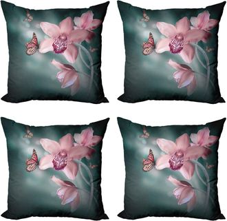 Abakuhaus Blumen Kissenbezug Set (4 Stück), Orchideen-Blume Schmetterling, moderner doppelseitiger Digitaldruck, 40 cm, Baby-Rosa und Jade-Grün