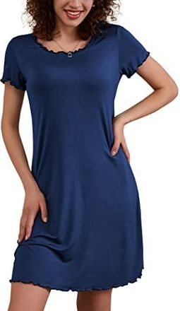 Ekouaer Pyjama Femme Eté Casual Chemise de Nuit Jupe à Volants Robe de Nuit Manches Courtes Vêtements de Nuit Court, Marine, XL