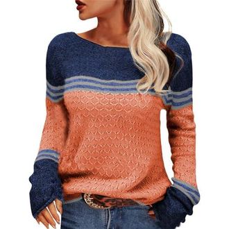 Generic Pull en tricot patchwork pour femme - Manches longues - Col rond - Pull dhiver pour femme et fille - Pull &eacute;l&eacute;gant - Chaud - Chemisier ample, D - Orang