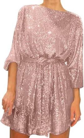 Generic Robe &agrave; paillettes &agrave; manches longues pour femme, rose, XXL