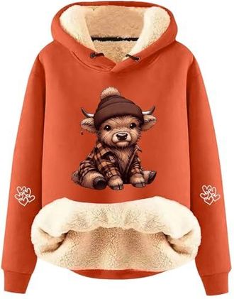 Generic Sweat &agrave; capuche doubl&eacute; en polaire imprim&eacute; vache mignon d&eacute;contract&eacute; tendance &agrave; manches longues pour un confort douillet, Orange, L
