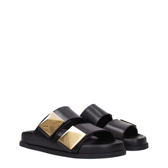 Valentino Garavani Womens Black Leather Slippers