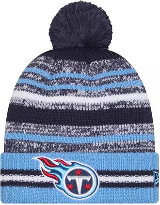 New Era Tennessee Titans Sideline Sport Blau gestreifte Fu&szlig;ball-Strickm&uuml;tze mit Bommel - NFL Cheer Cuff Knit Cap