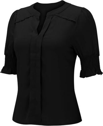 Generic Chemise daffaires boutonn&eacute;e pour femme - Col en V - Manches bouffantes - Couleur unie - Chemise blanche &agrave; manches longues pour femme, Noir, L