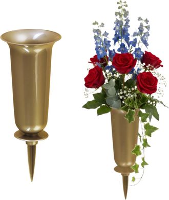 Matches 21 Wetterfeste Grabvasen mit Erdspie&szlig; 37 cm Gold - 2 Friedhofsvasen zum Stecken als Grabschmuck