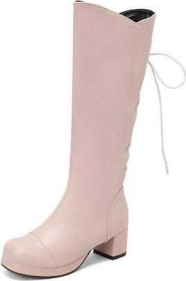 Generic Bottes hautes &agrave; lacets &eacute;lastiques pour femme avec fermeture &eacute;clair lat&eacute;rale, plateforme confortable, bout rond, talons blocs, chaussures dhiver, rose,
