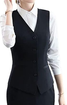 ORANDESIGNE Femme Gilet de Tailleur sans Manche Couleur Unie Gilet de Costume sans Manche Col V Slim Fit Rétro Vintage Vêtements Affaires Travail A Noir M