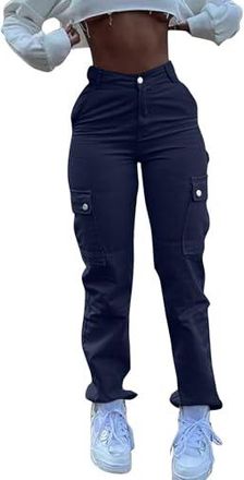 Generic Jean cargo skinny extensible pour femme, pantalon cargo tactique Y2K, taille haute, d&eacute;contract&eacute;, jogging, en denim, grande taille, bleu marine, L