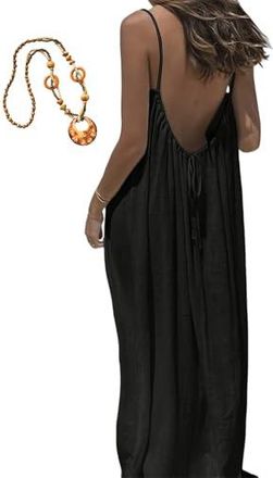 Generic Robe longue dos nu &agrave; bretelles spaghetti 2026 sans manches - Robe longue ouverte dans le dos - Robe d&eacute;t&eacute; pour le salon, la maison, les vacances, la pl