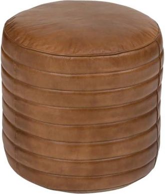 Atmosphera Atmosphera - Pouf Rond Gaj en Cuir de Ch&egrave;vre Marron - D 40 x H 45 cm - Style R&eacute;tro Vintage, Assise dAppoint pour Salon, Chambre