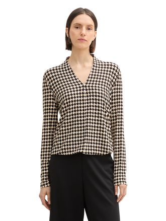 Tom Tailor Damen Longsleeve mit V-Ausschnitt, 36887 - Beige Geometric Minimal, S