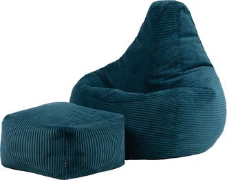 Icon Brand Dalton Sitzsack mit Hocker Cord, Blaugr&uuml;n, Gaming Sitzsack Erwachsene mit F&uuml;llung, Bean Bag, Cord Sessel, Lounge Sessel, Lounge Stuhl, Schlafzimmer, W