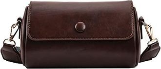 Generic Sac à bandoulière cylindrique pour femme, sac à main à rabat en cuir, sac à main baril, sac à bandoulière tendance avec large sangle, café, Small