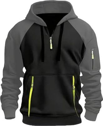 Generic Sweat &agrave; capuche zipp&eacute; 1/4 pour homme, coupe ample, coupe-vent, multipoches, v&ecirc;tements de sport, demi-fermeture &eacute;clair, avec ruban, couleur patchwork, 