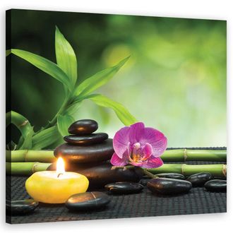 Feeby Wandbild Kerzen Spa Zen Bambus 60x60 cm Druckbild Leinwandbild Stilleben Steine Orchidee Gr&uuml;n