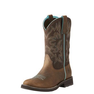 Ariat Womens Delilah Round Toe Western Boots in Distressed Brown Leather, B Medium Width, Size 38.5, by Ariat